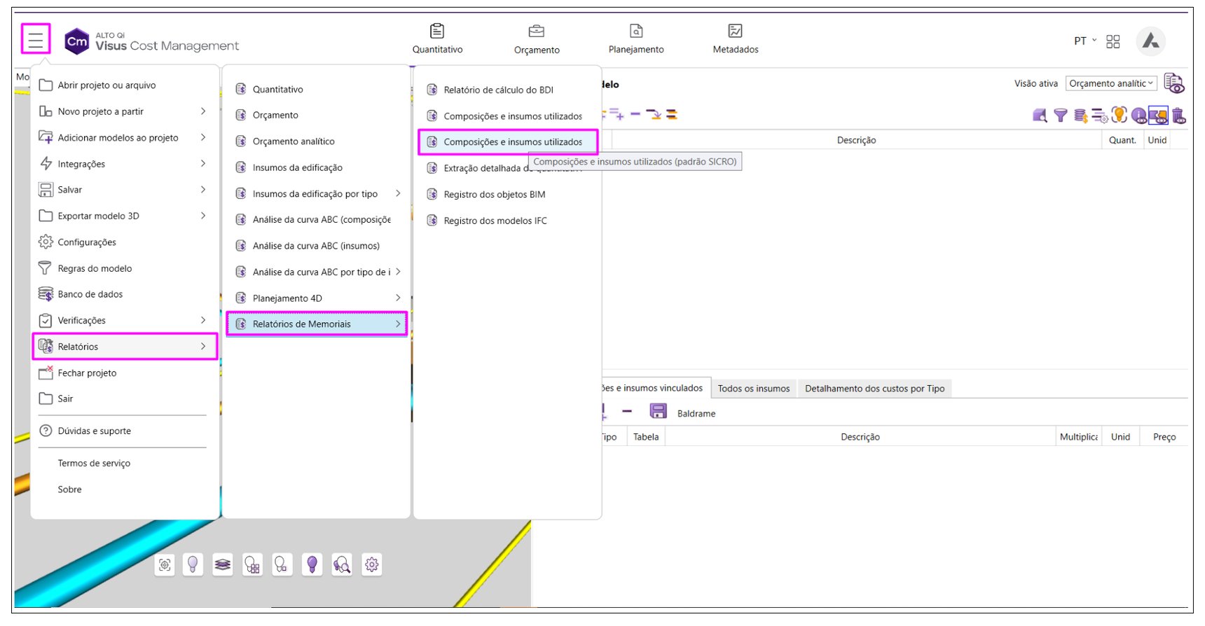 Relatório de insumos e composições no padrão SICRO