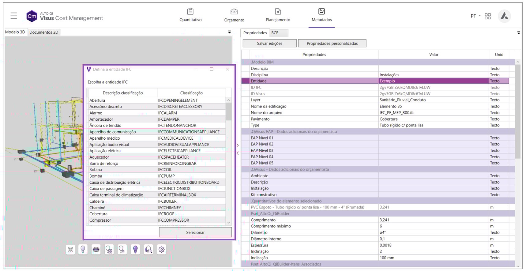 Classificação IFC (Entidades do AltoQi Visus Cost Management)