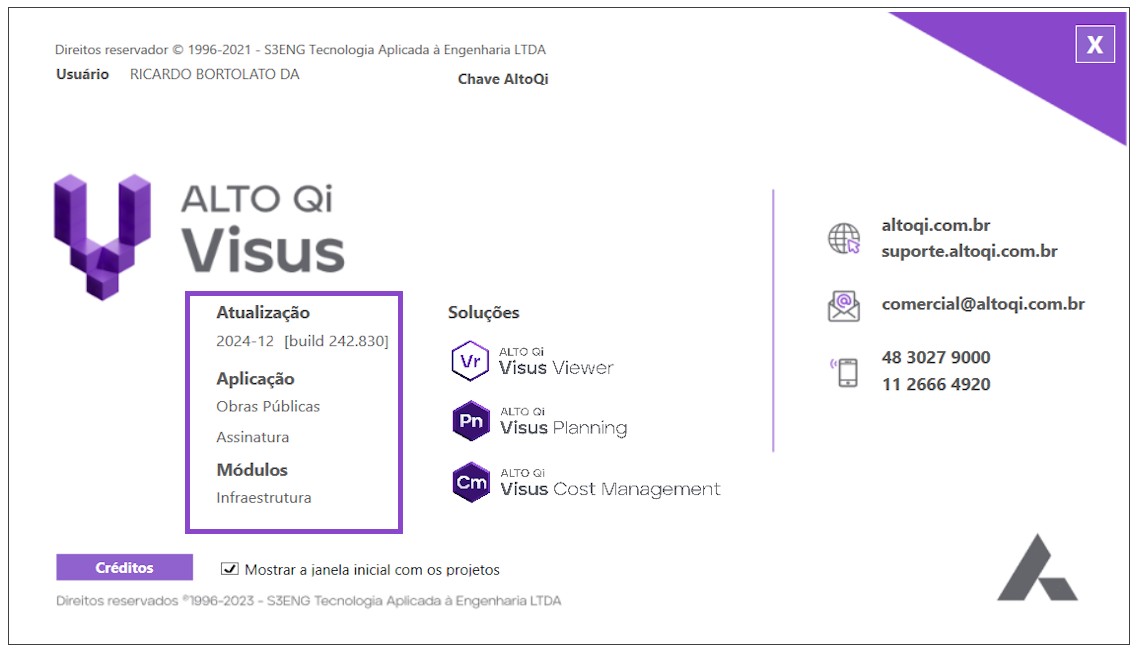 Como verificar a versão e atualização do AltoQi Visus Cost Management
